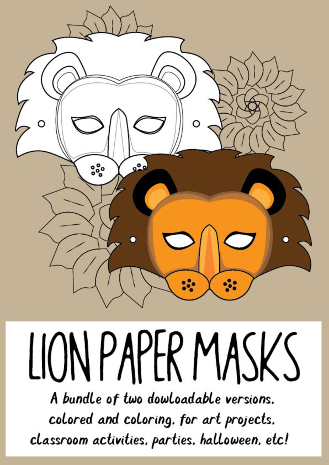 Lion Mask Printable colored/coloring DIY for Kids/adults. Template with ...