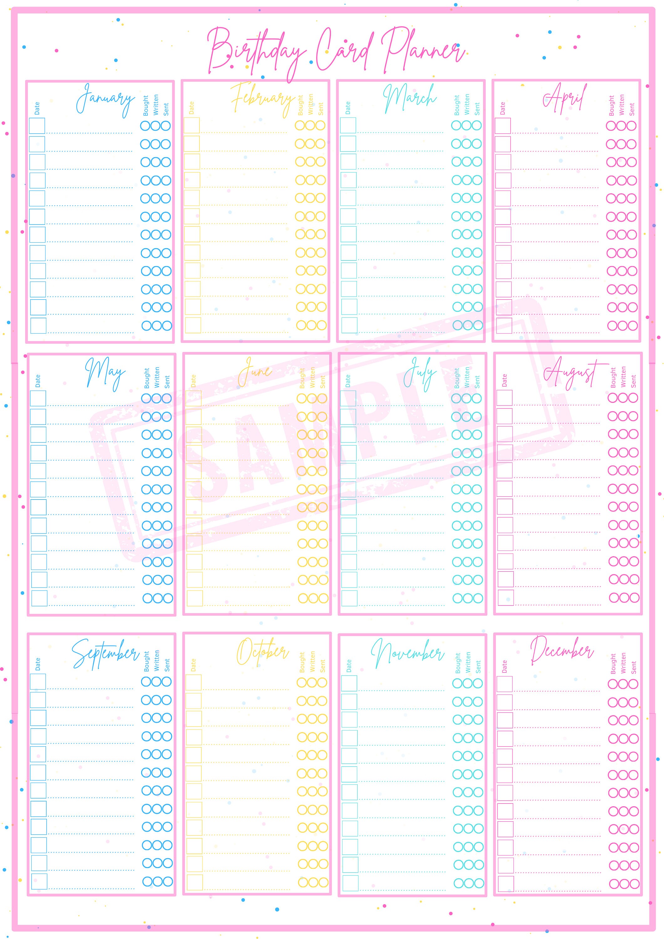 Printable Birthday Card List. Annual List. Yearly Coloured To-do PDF ...