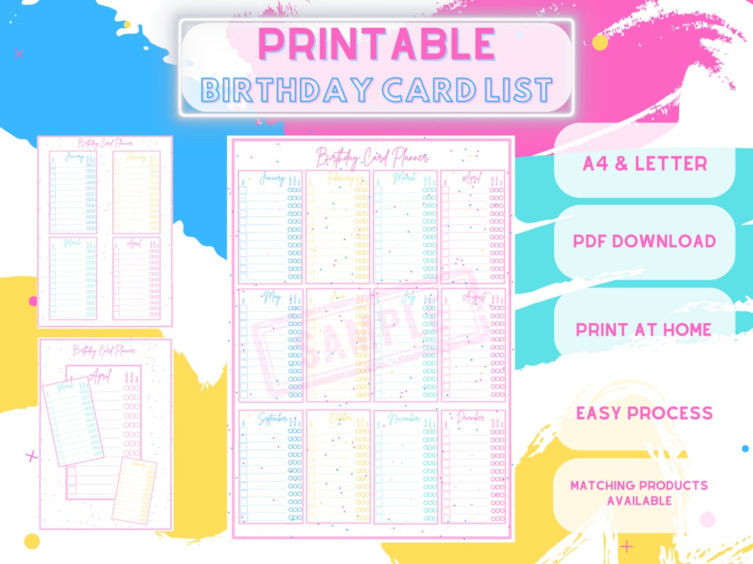 Printable Birthday Card List. Annual List. Yearly Coloured To-do PDF ...