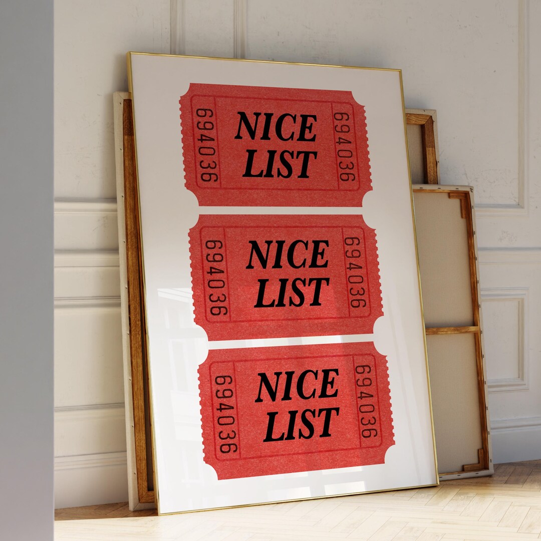Red Nice List Ticket Print Retro Bar Cart Decor Retro Christmas Red ...