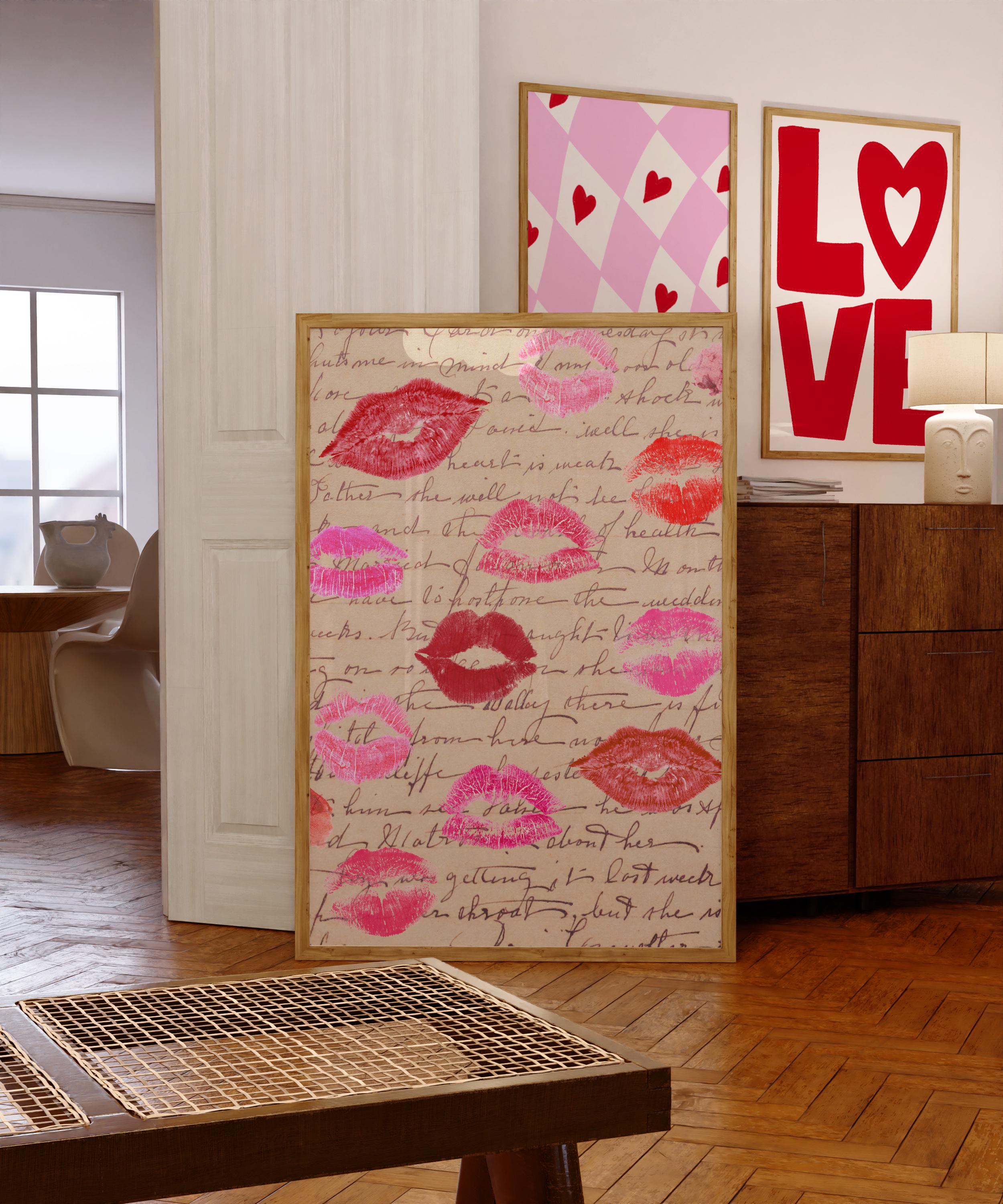 Retro Kiss Poster Vintage Love Letter Red Wall Art Pink Poster Bedroom ...