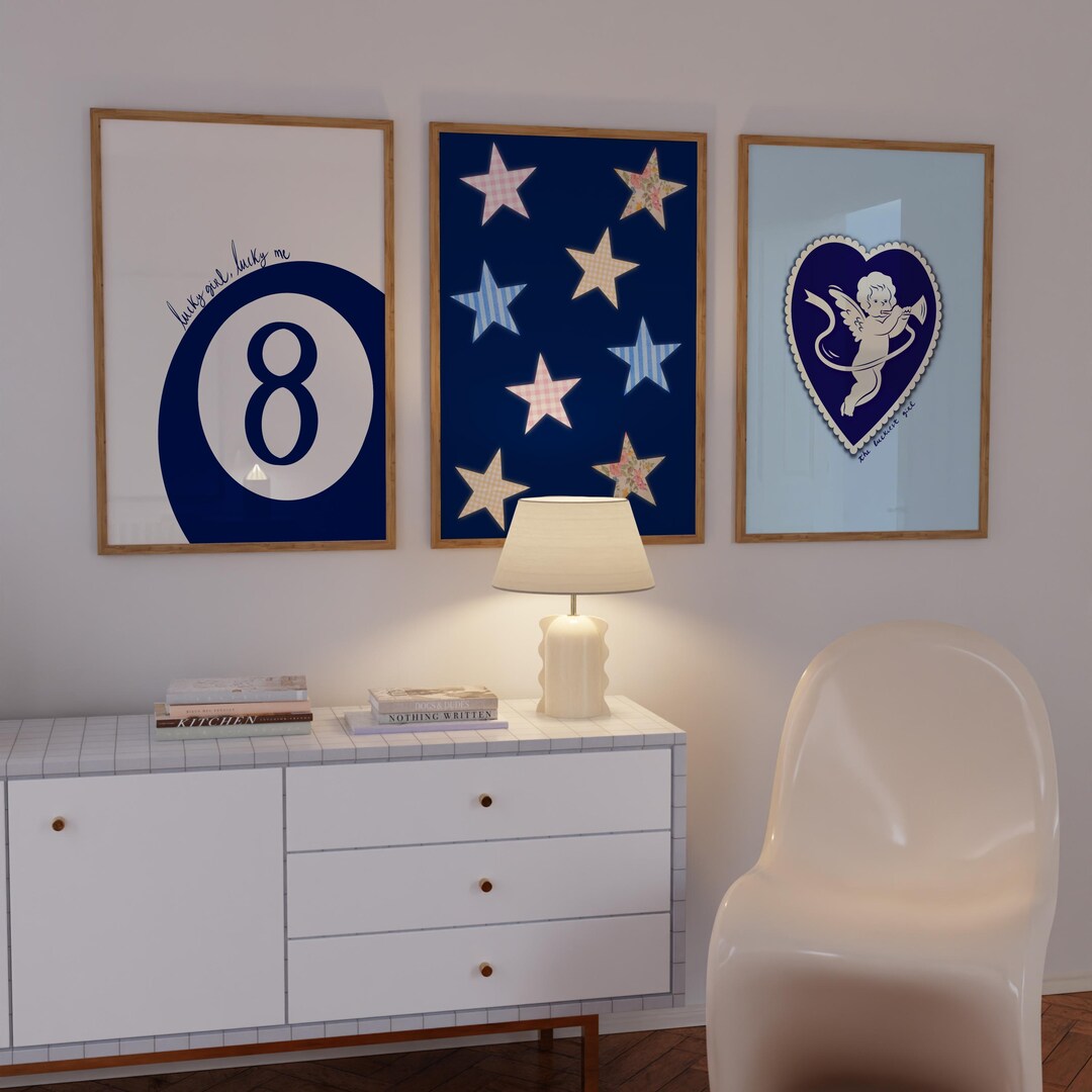 Set of 3 Trendy Prints Navy White Poster the Luckiest Girl Wall Art ...