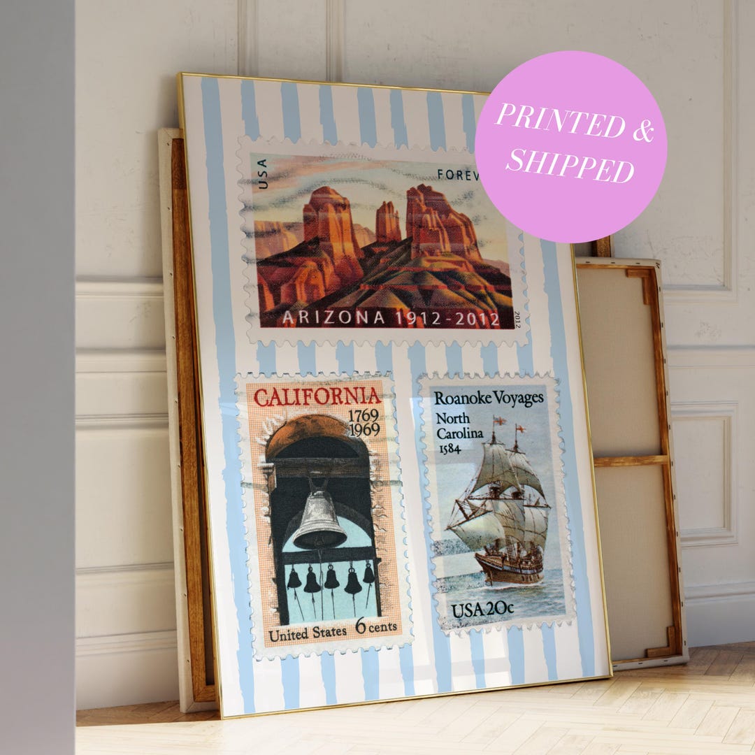 USA Vintage Stamp Wall Art Retro Art Decor Vintage Art Print Colorful ...