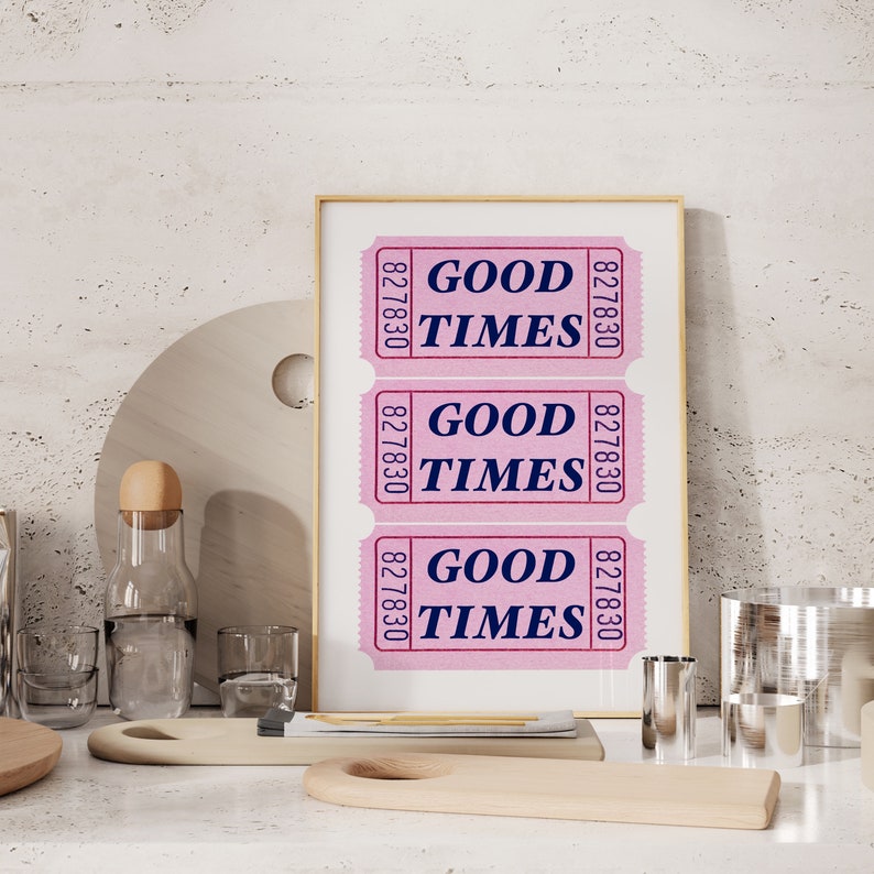 Pink & Navy Good Times Ticket Print Retro Bar Cart Decor Retro Preppy ...