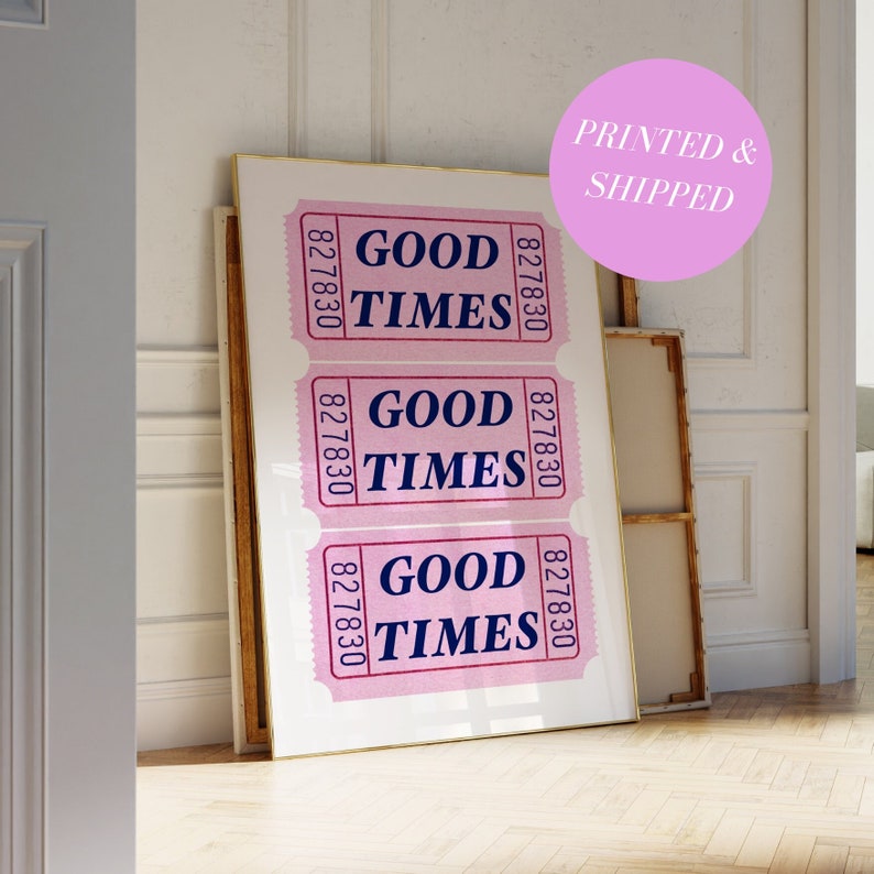 Pink & Navy Good Times Ticket Print Retro Bar Cart Decor Retro Preppy ...