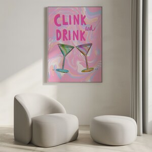Pink Martini Print Cocktail Hand-drawn Poster Clink Drink Wall Art Bar ...