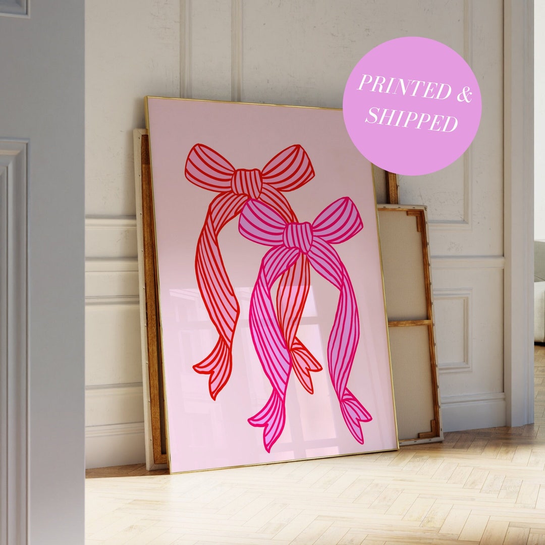 Pink Bows Print Preppy Wall Art Coquette Room Decor Bow Wall Art Pink ...