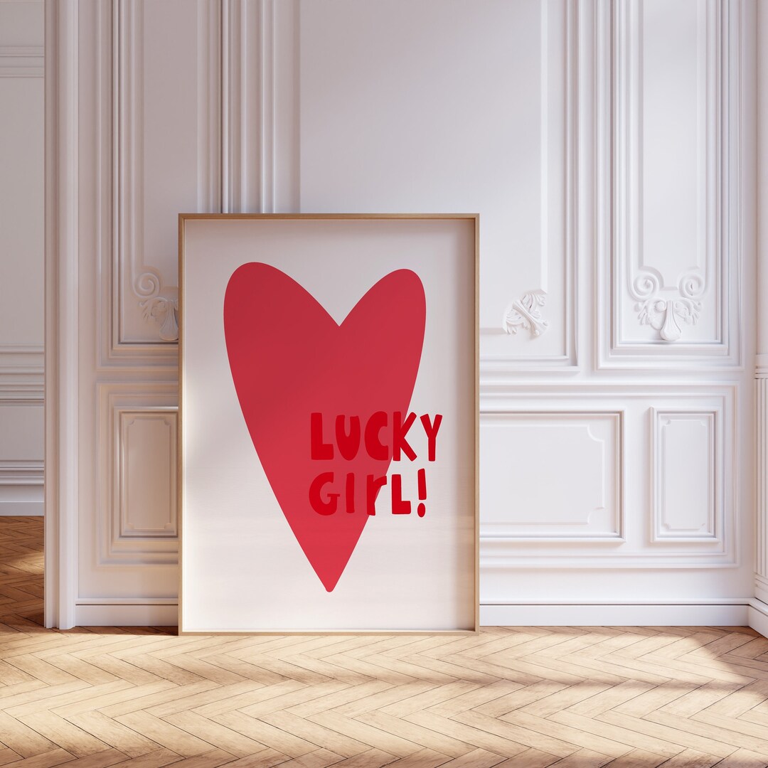 Retro Lucky Girl Print Vintage Red Print Retro Hand-drawn Heart Wall ...