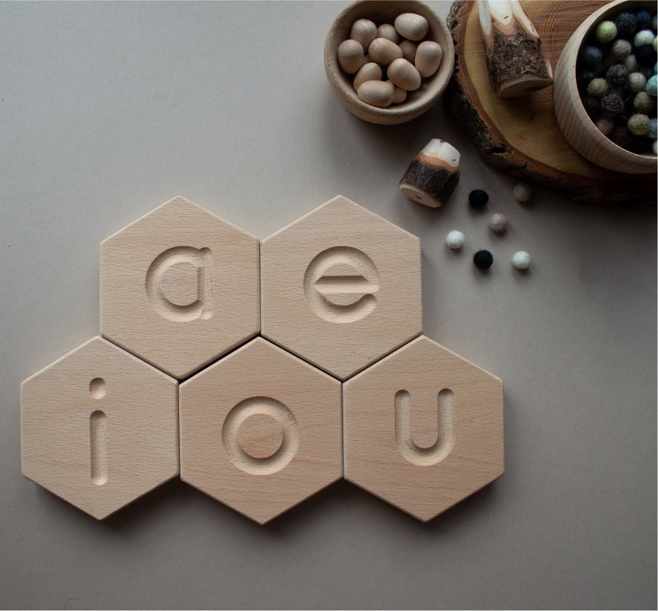 Alphabet Tiles - Vowel Set | Large Hexagon Vowel Tiles | Wooden Vowel ...