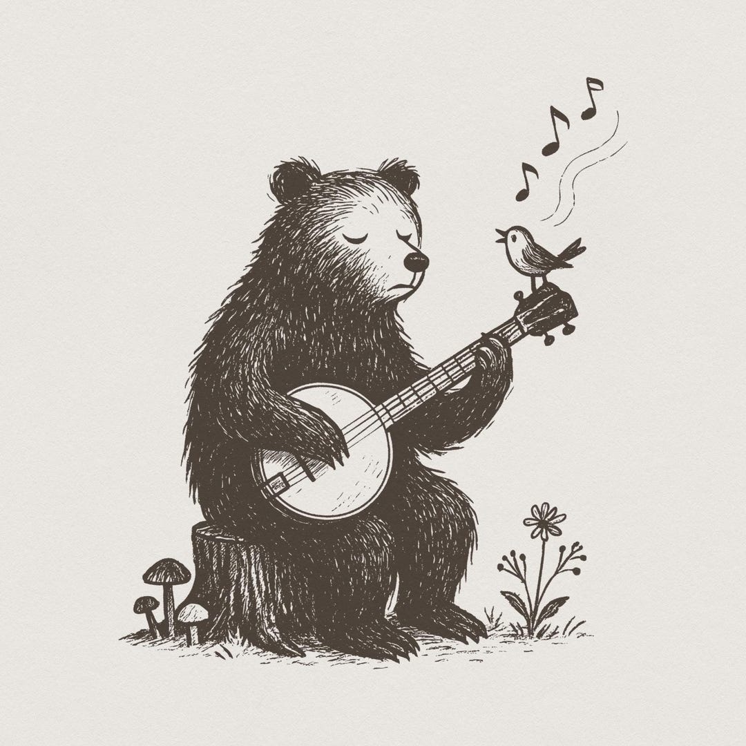 Bear Playing Banjo With Singing Bird PNG - Whimsical Animal Folk Art ...
