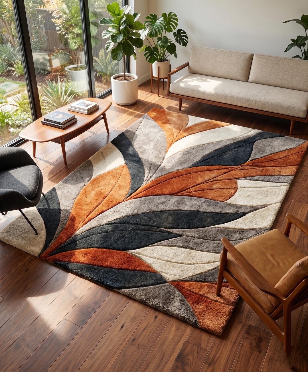 Abstract Botanical Area Rug | Terracotta Grey Leaf Pattern | Hand ...