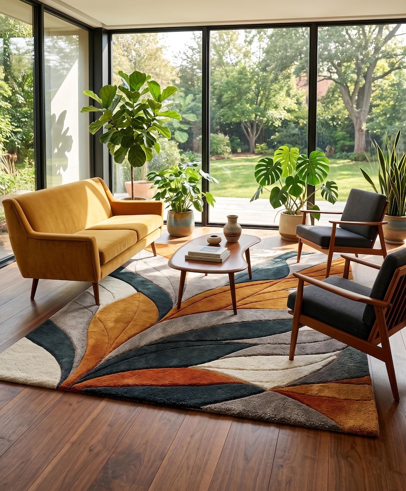 Abstract Botanical Area Rug | Terracotta Grey Leaf Pattern | Hand ...