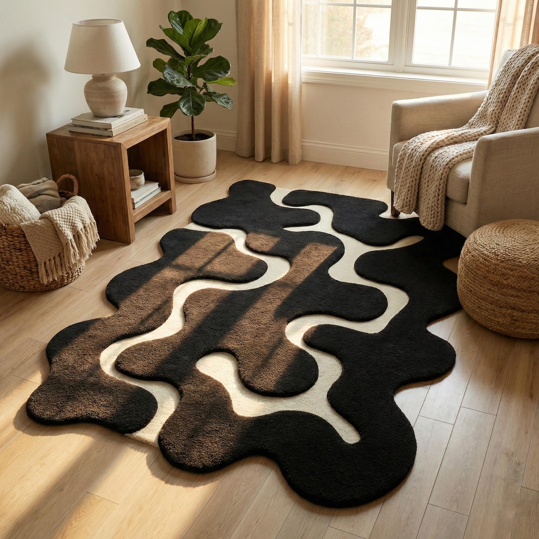 Irregular Puddle Shape Rug Black White Wavy Area Carpet Mid Century ...