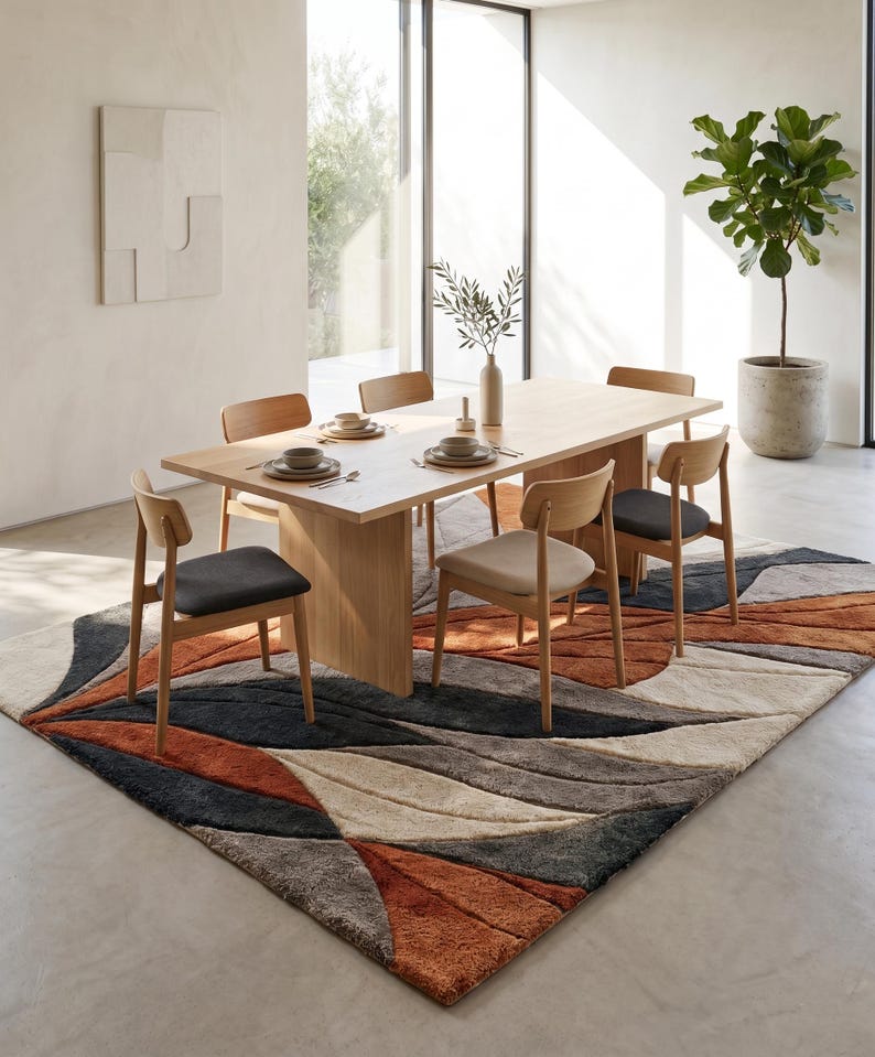 Abstract Botanical Area Rug | Terracotta Grey Leaf Pattern | Hand ...