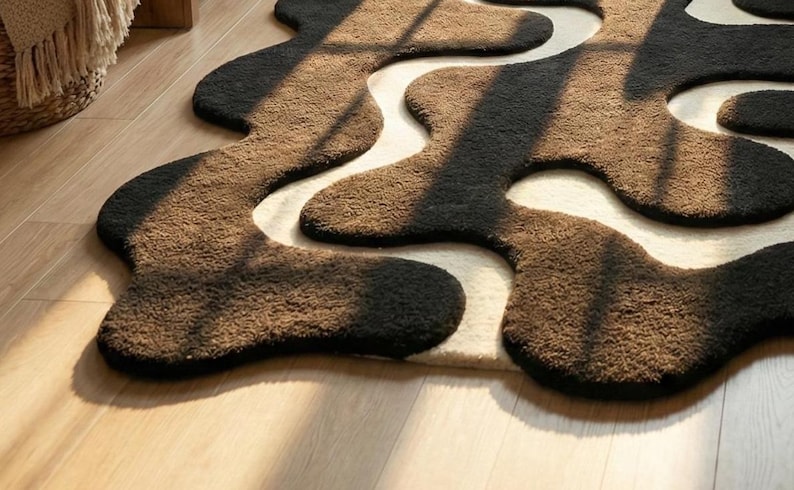 Irregular Puddle Shape Rug Black White Wavy Area Carpet Mid Century ...