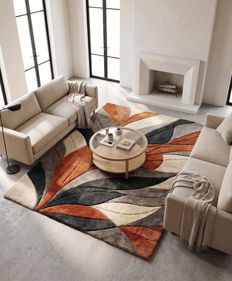 Abstract Botanical Area Rug | Terracotta Grey Leaf Pattern | Hand ...