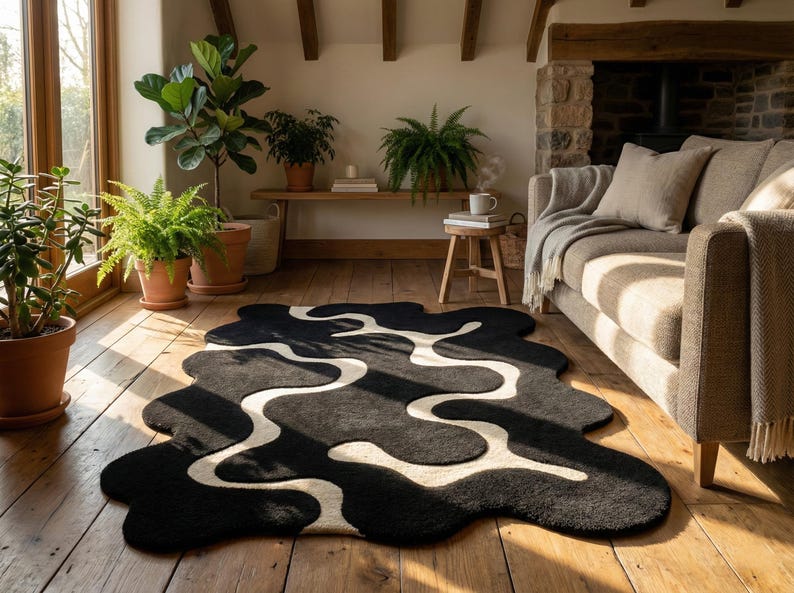 Irregular Puddle Shape Rug Black White Wavy Area Carpet Mid Century ...