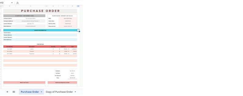 Purchase Order, Google Sheets Template for Efficient Ordering ...