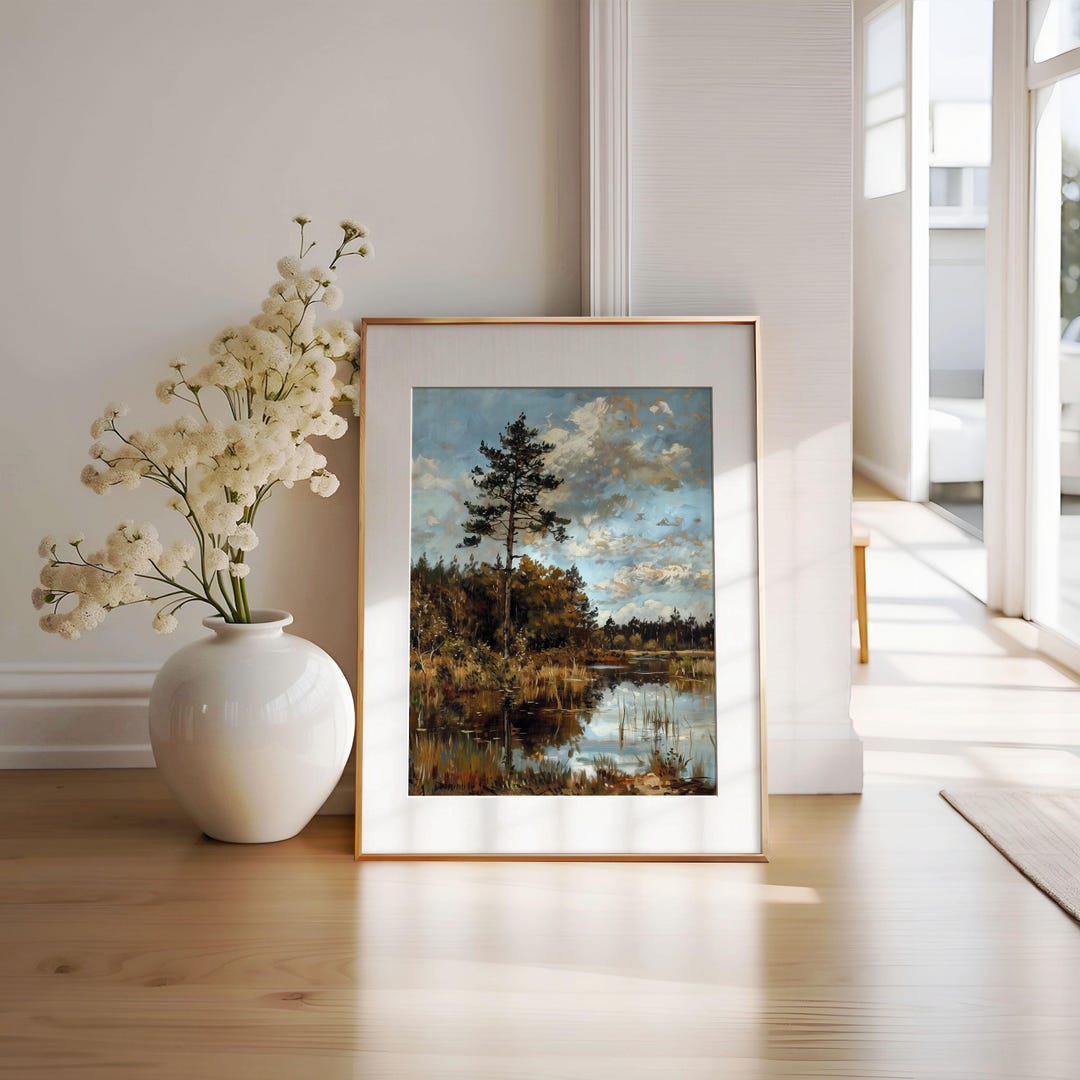 Rustic Pine Tree by Lake Painting, Impressionist Pine Tree, Autumn ...