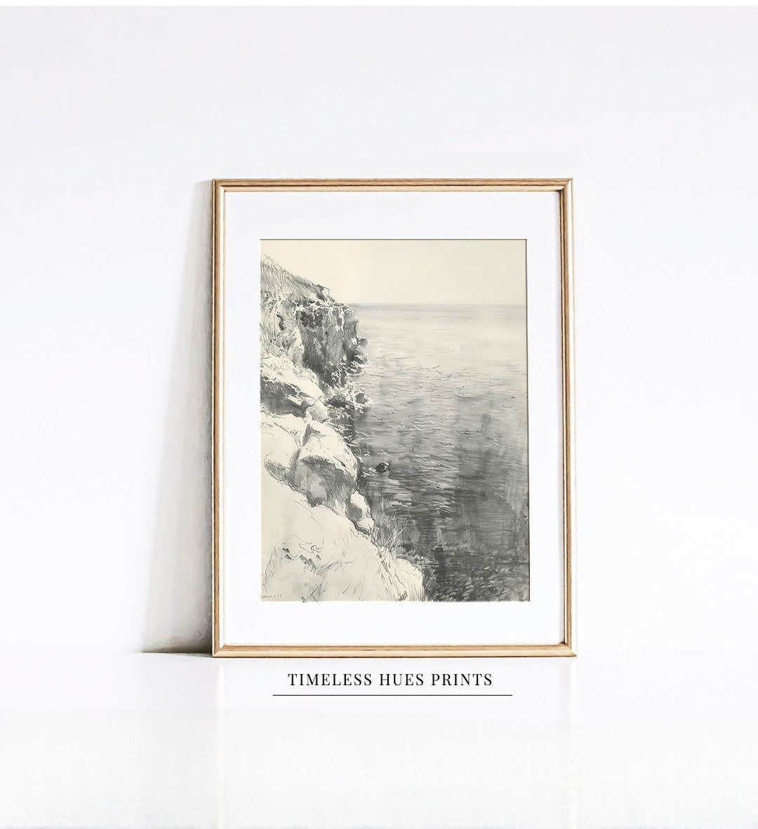 Vintage Coastal Landscape Charcoal Pencil Sketch Art, Black and White ...