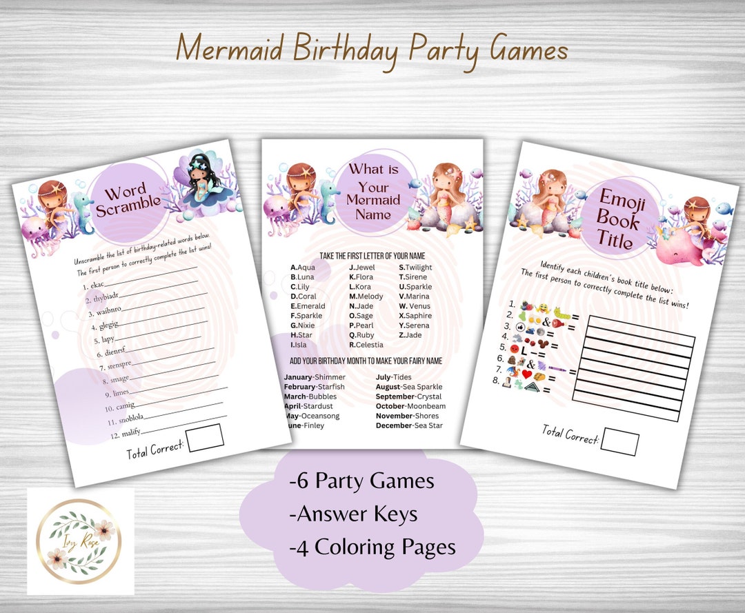 Mermaid Birthday Party Games Bundle Printable Instant Digital Download ...
