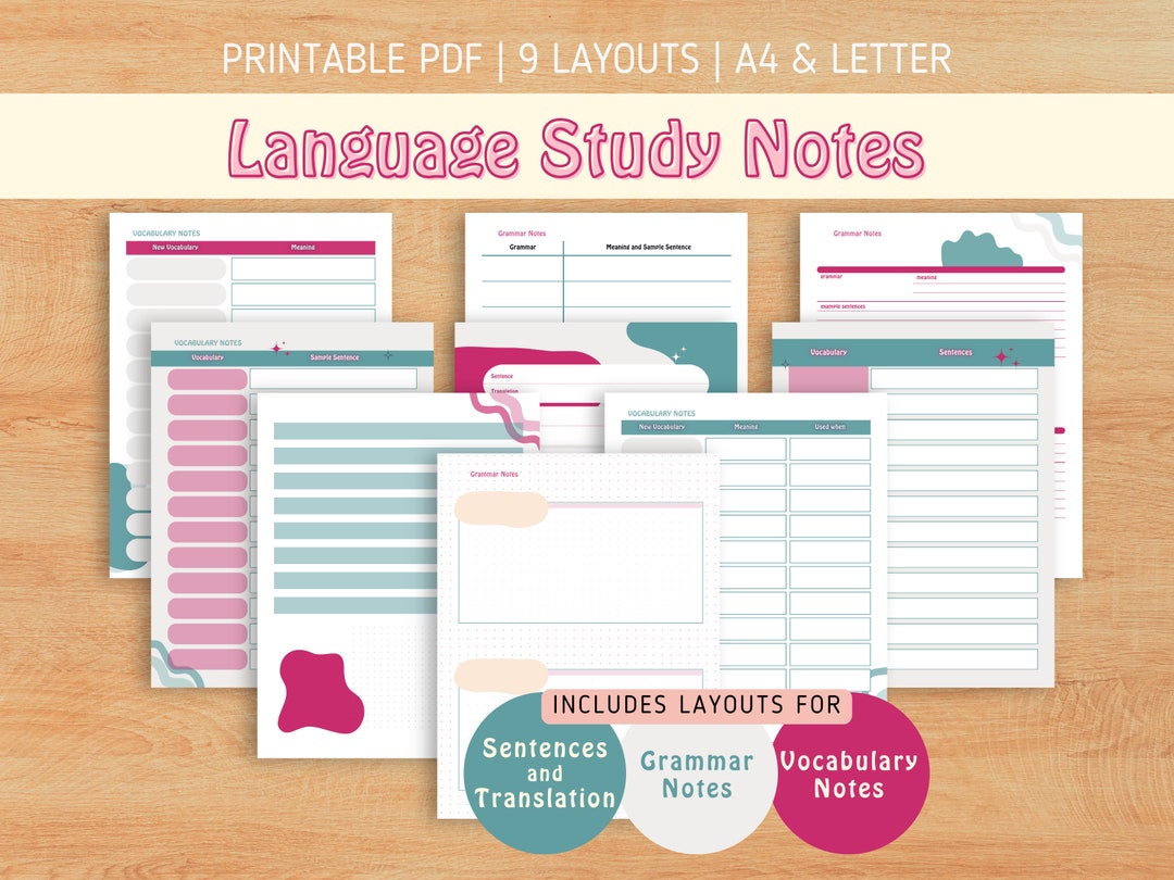 Printable Language Study Notes Digital Note Paper Instant Download PDF ...