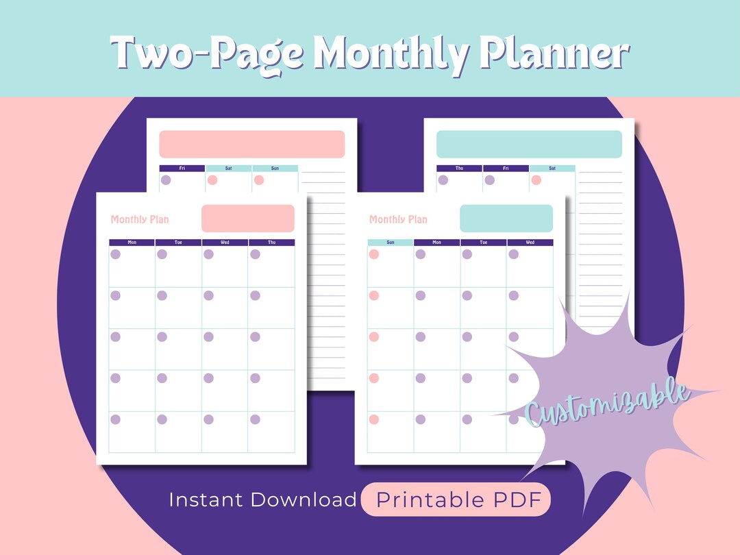 Printable Monthly Planner Blank Calendar on Two Pages Productivity ...