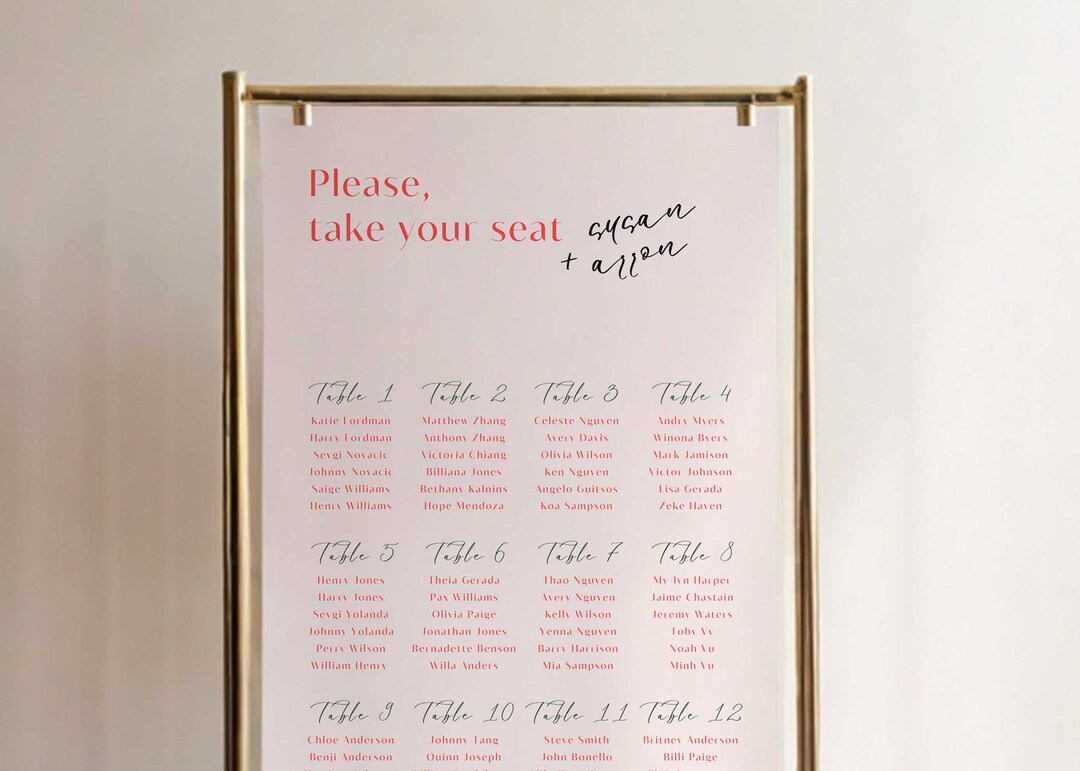 Stylish Wedding Table Seating Chart Template, Editable Blush Pink Table ...