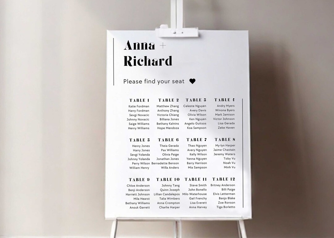 Modern Wedding Table Seating Chart Template, Luxury Wedding Table Plan ...