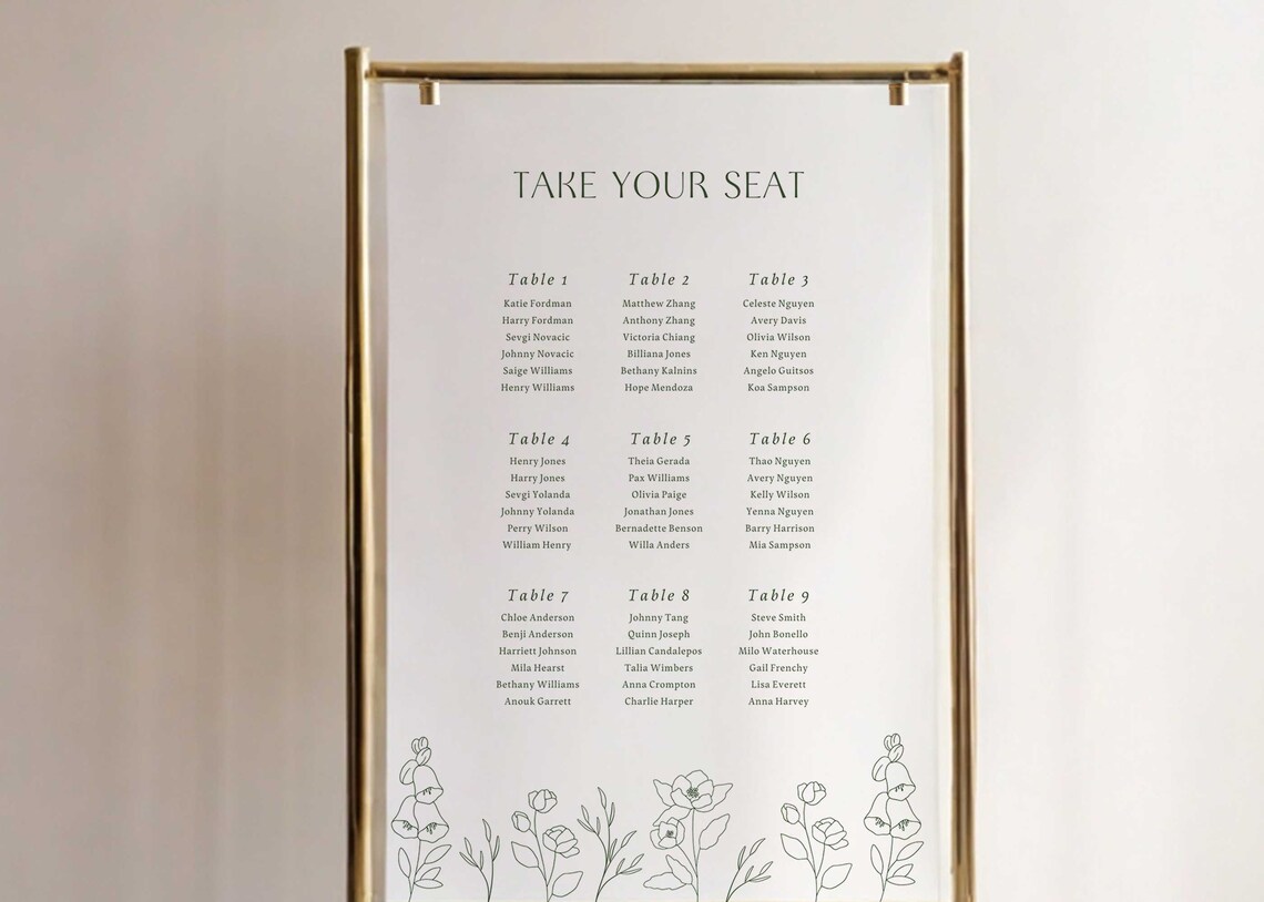 Wildflower Wedding Table Seating Chart, Modern Garden Style Wedding ...