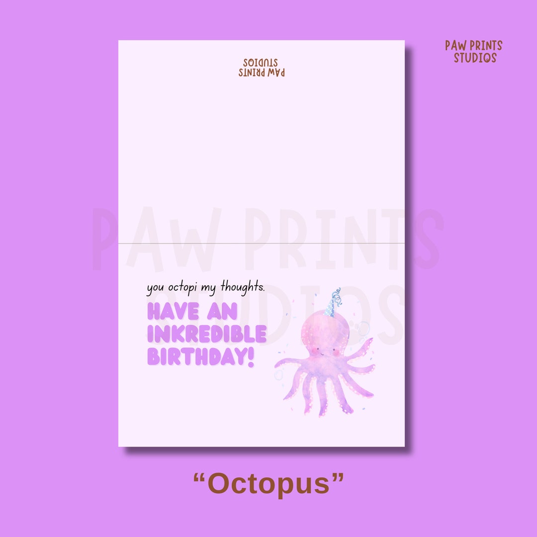 Octopus Birthday Card Cute Fun Animal Themed Birthday Card Ready-to ...