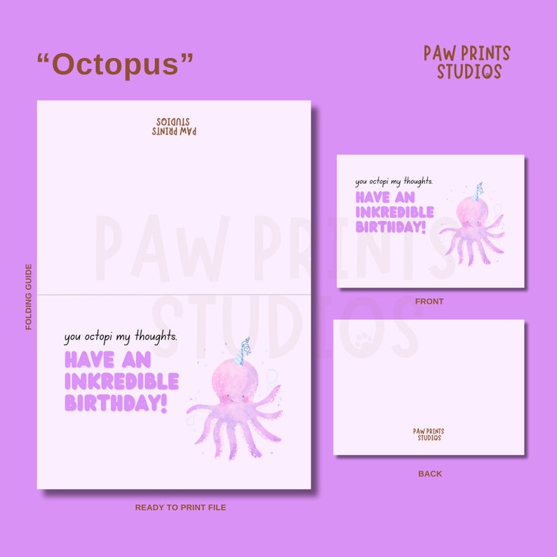 Octopus Birthday Card Cute Fun Animal Themed Birthday Card Ready-to ...