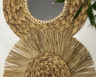 Raffia Wall Decor Raffia Mirror Decor Raffia Bead Decor Natural Raffia Wall Hanging Set, Boho ...