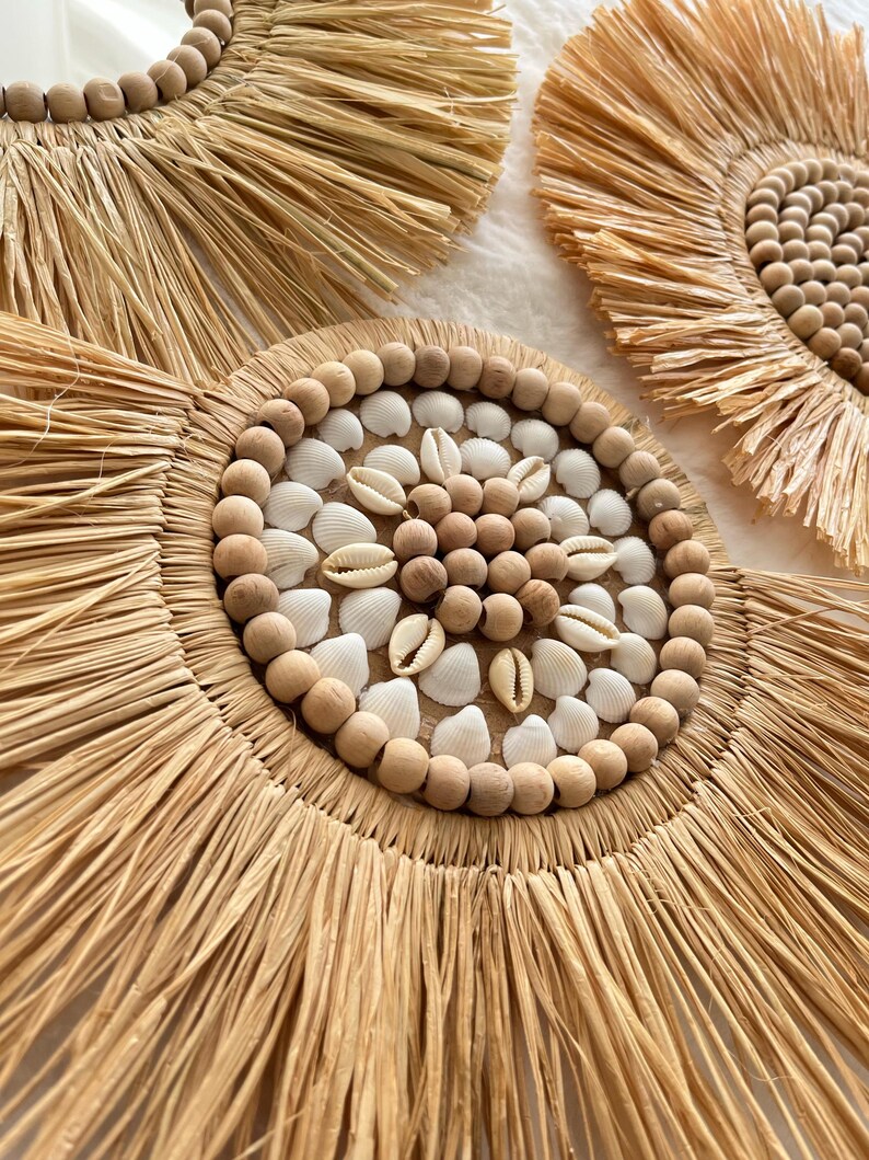 Raffia Decor Raffia Mirror Decor Raffia Sea Shell Raffia Gift Natural Raffia Wall Hanging Set ...