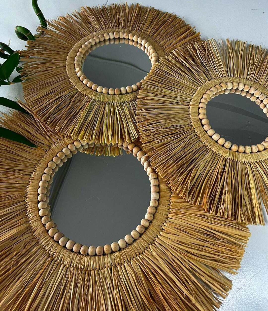 Handmade Raffia Mirror Wall Hanging Set: Boho Seashell Decor - Etsy