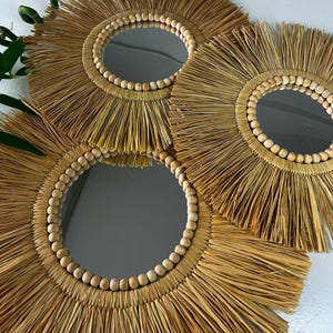 Handmade Raffia Mirror Wall Hanging Set: Boho Seashell Decor - Etsy
