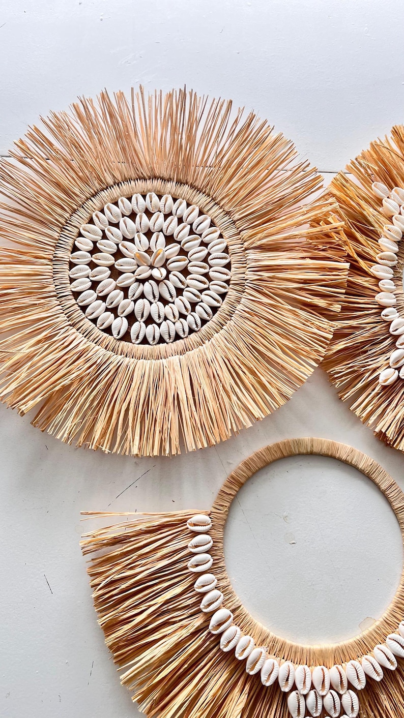 Handmade Raffia Wall Decor Set: Boho Seashell Mirror, Natural Fiber Art ...