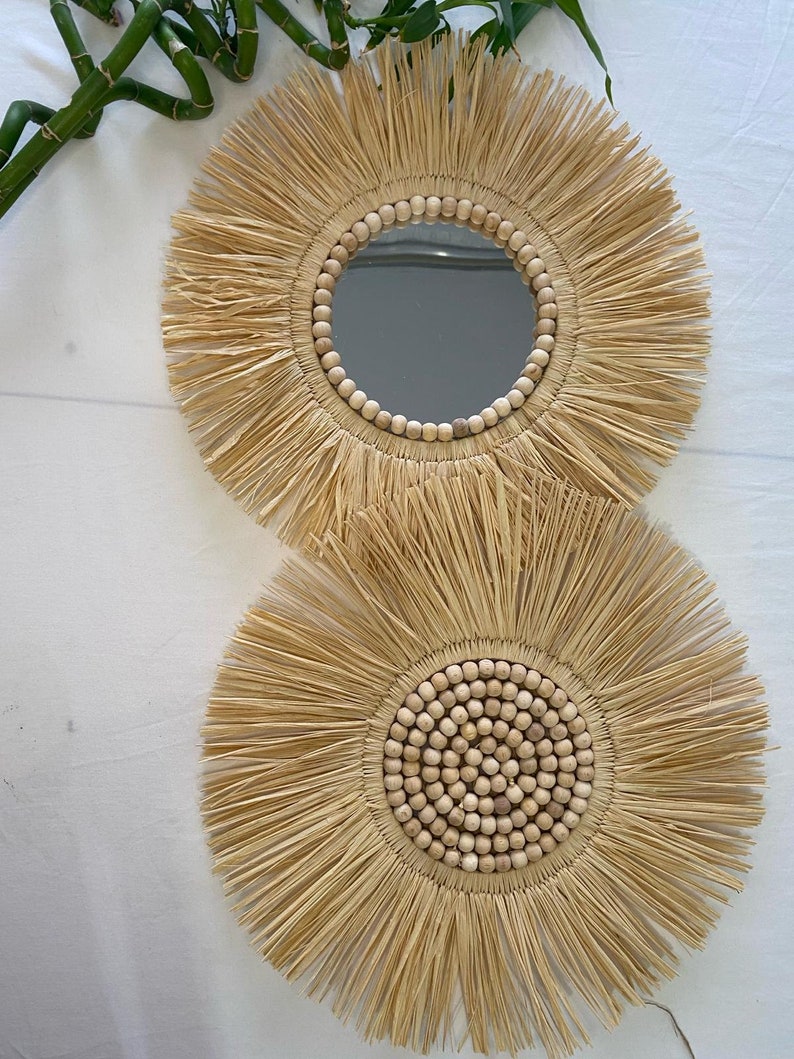 Handmade Raffia Wall Hanging Set: Boho Mirror & Bead Decor - Etsy