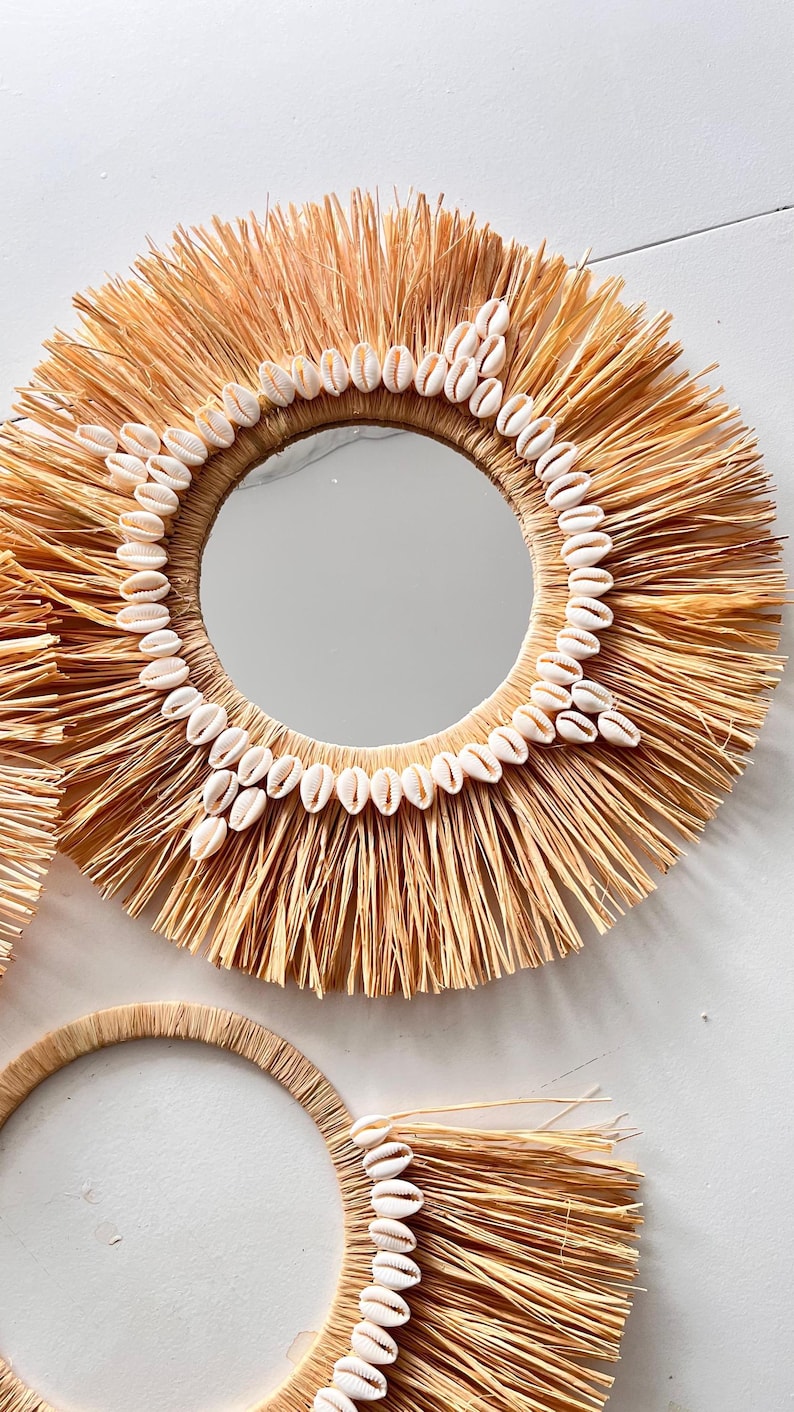 Handmade Raffia Wall Decor Set: Boho Seashell Mirror, Natural Fiber Art ...