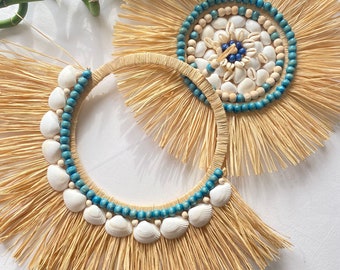 Raffia Decor Raffia Mirror Decor Raffia Sea Shell Raffia Wall Decor Natural Raffia Wall Hanging ...