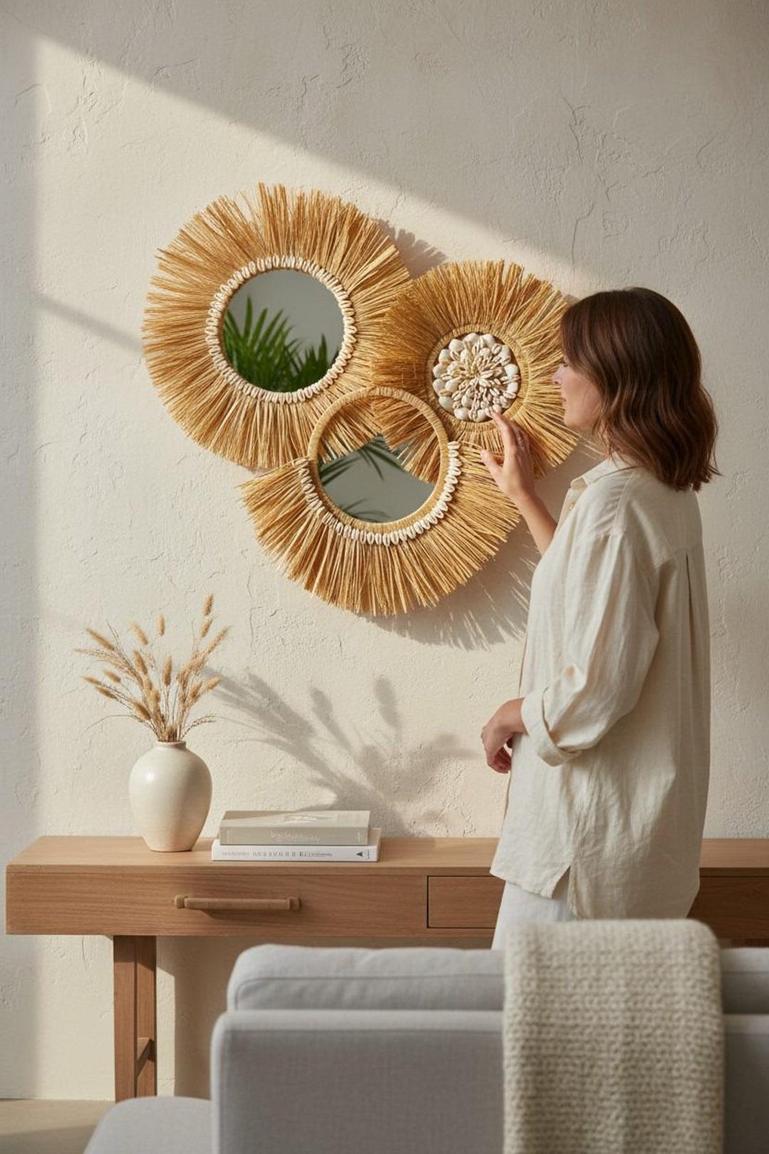 Handmade Raffia Mirror Wall Hanging Set: Boho Seashell Decor - Etsy