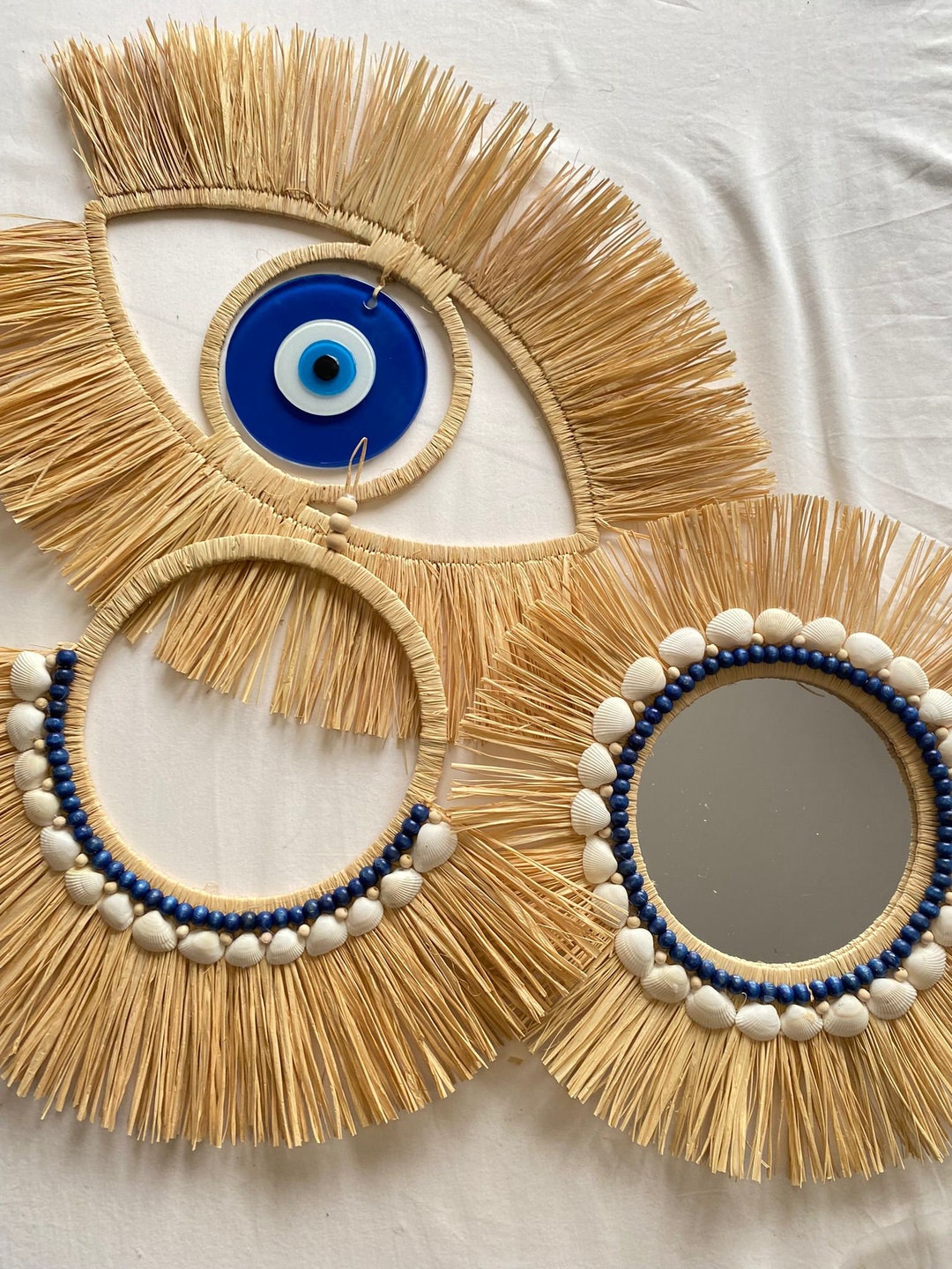 Raffia Wall Decor Raffia Mirror Decor Raffia Devil Eyes Raffia Bead ...