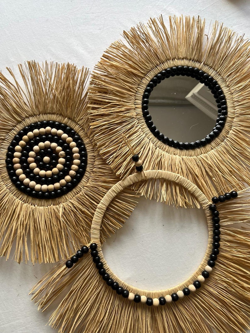 Raffia Wall Decor Mirror Black and Beige Beads 3 Piece Handmade Wall Decoration - Etsy