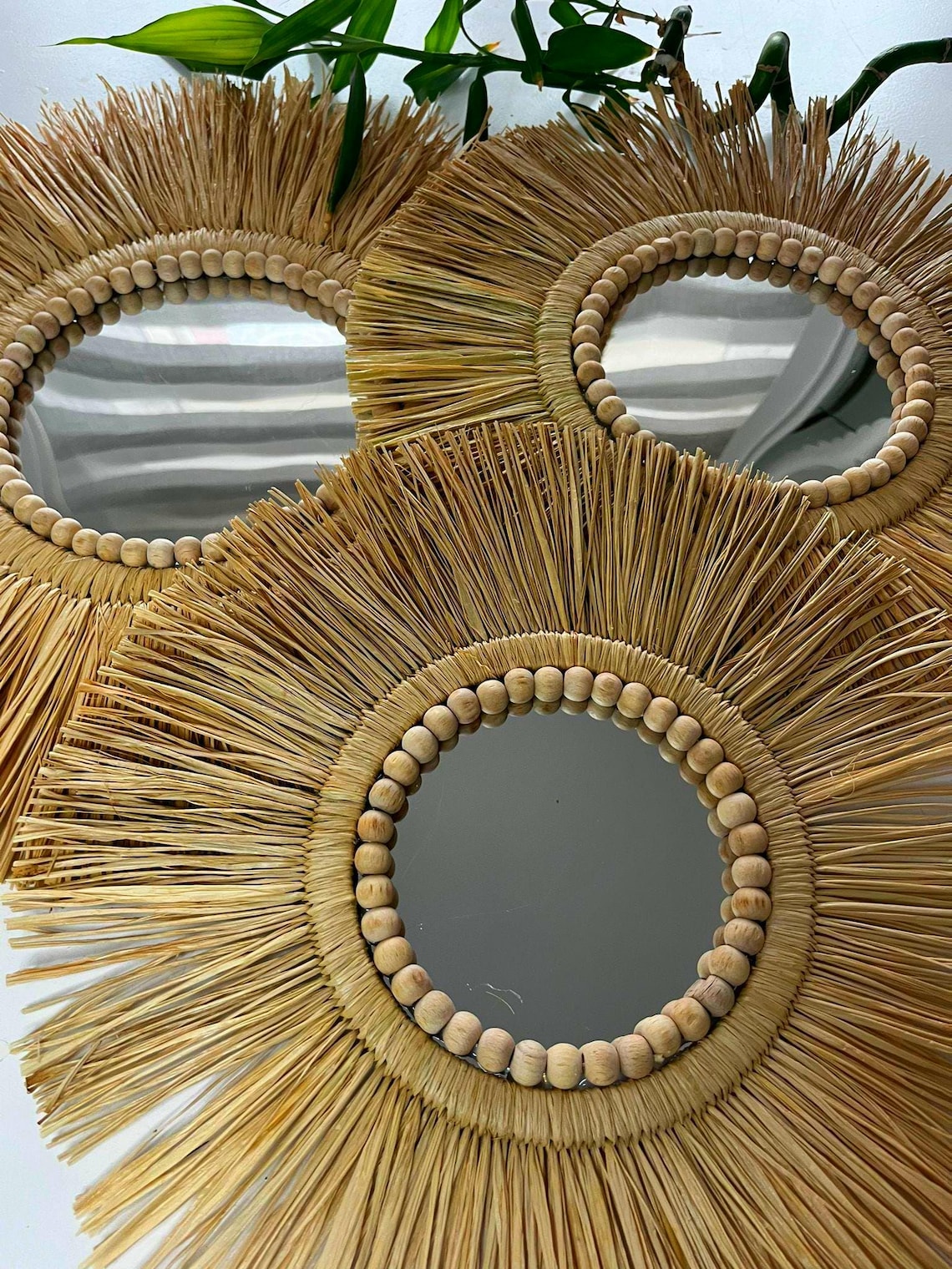 Handmade Raffia Mirror Wall Hanging Set: Boho Seashell Decor - Etsy