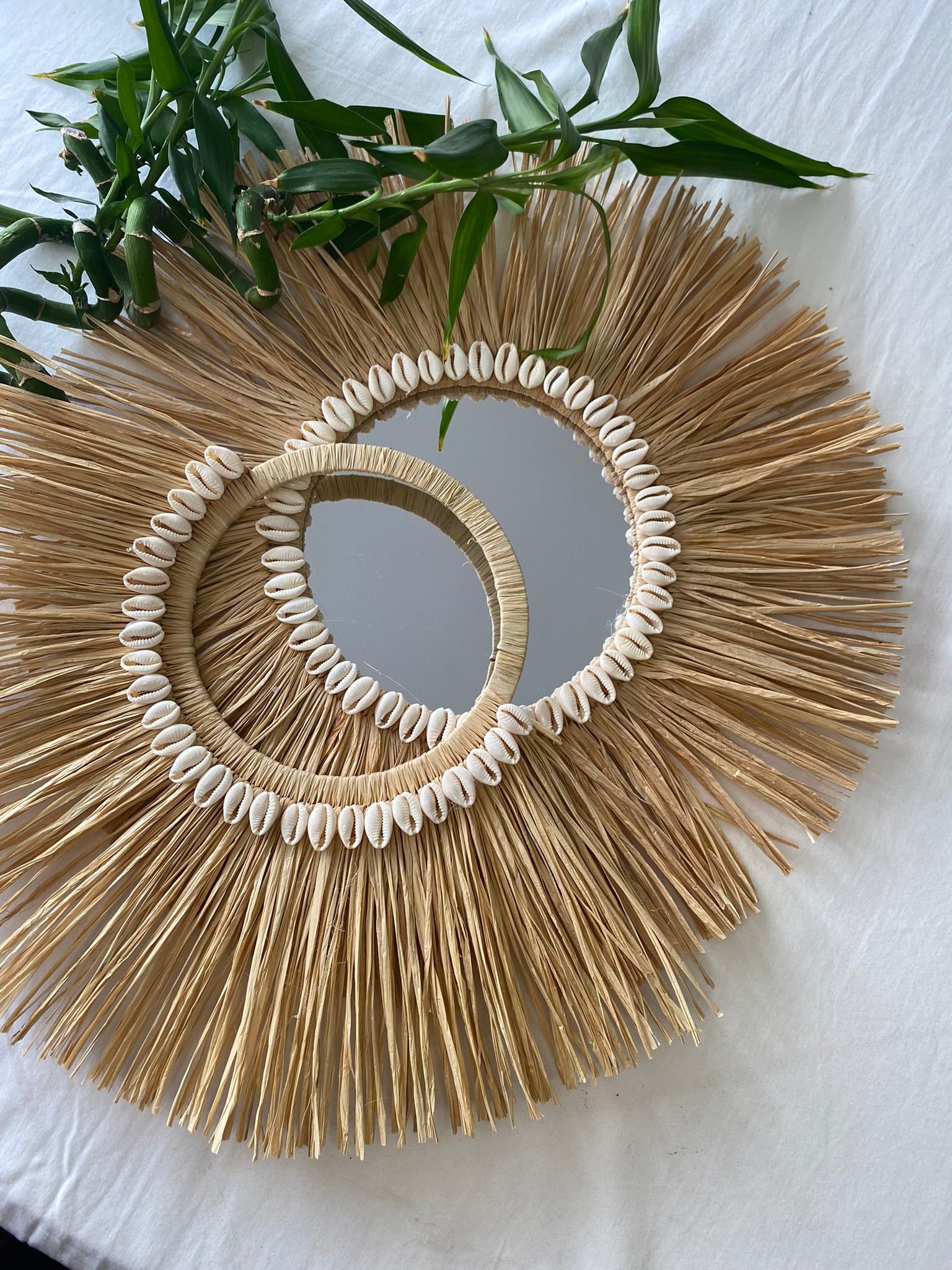 Handmade Raffia Mirror Wall Hanging Set: Boho Seashell Decor - Etsy