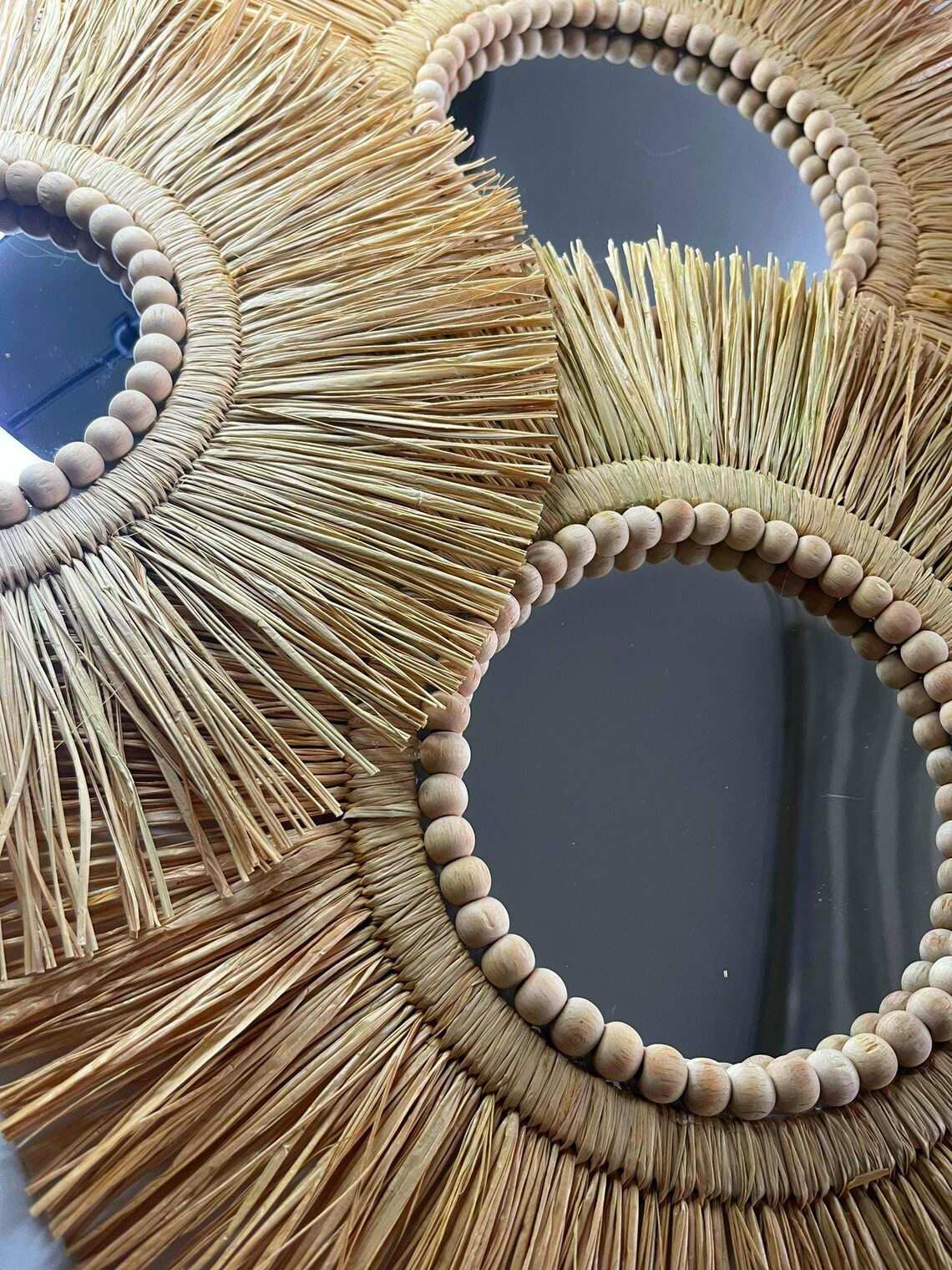 Handmade Raffia Mirror Wall Hanging Set: Boho Seashell Decor - Etsy