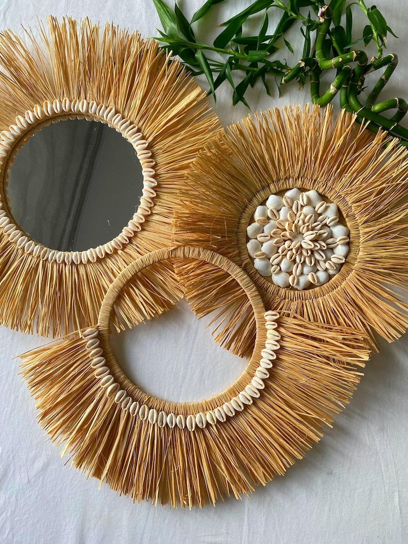 Raffia Decor Raffia Mirror Decor Raffia Sea Shell Raffia Wall Decor Natural Raffia Wall Hanging ...