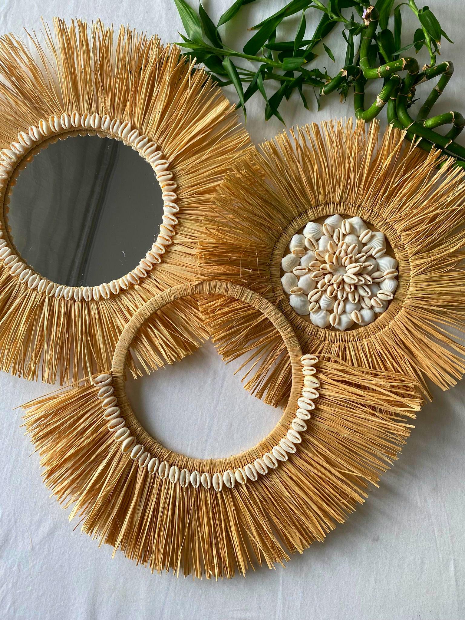 Handmade Raffia Mirror Wall Hanging Set: Boho Seashell Decor - Etsy