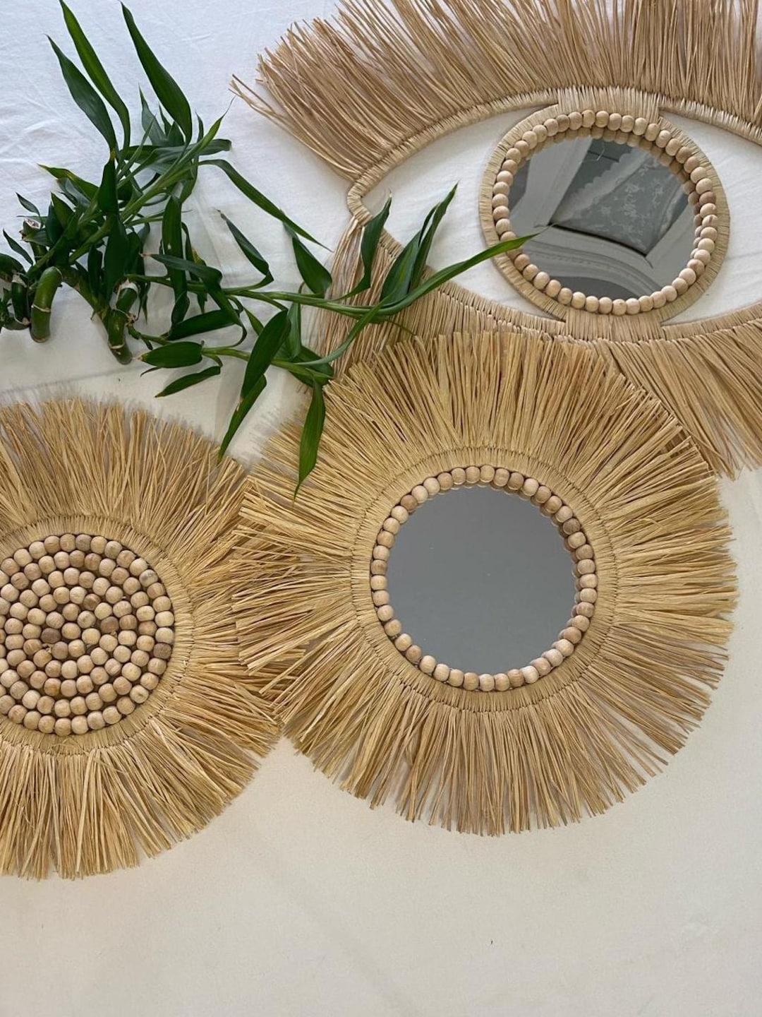 Handmade Raffia Mirror Wall Decor Set: Boho Bead Wall Art - Etsy
