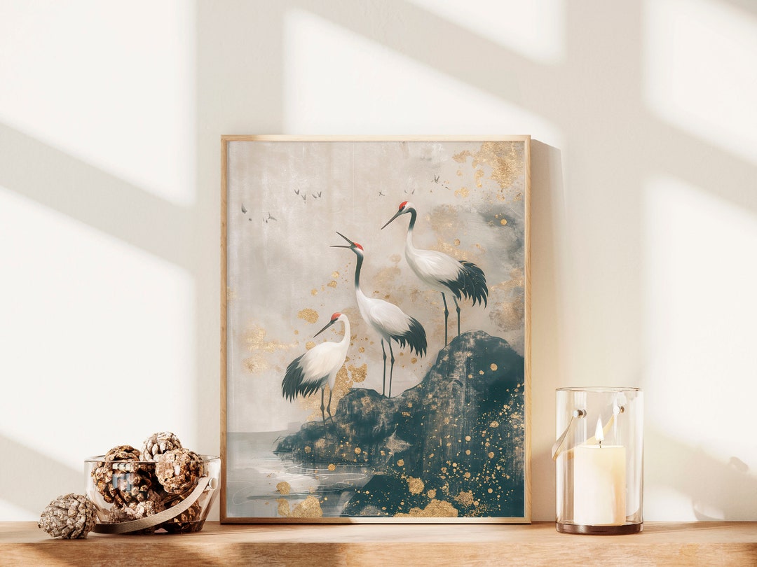 Aesthetic Gold Cranes Sage Green Japanese Wall Art Painting Birds Print ...